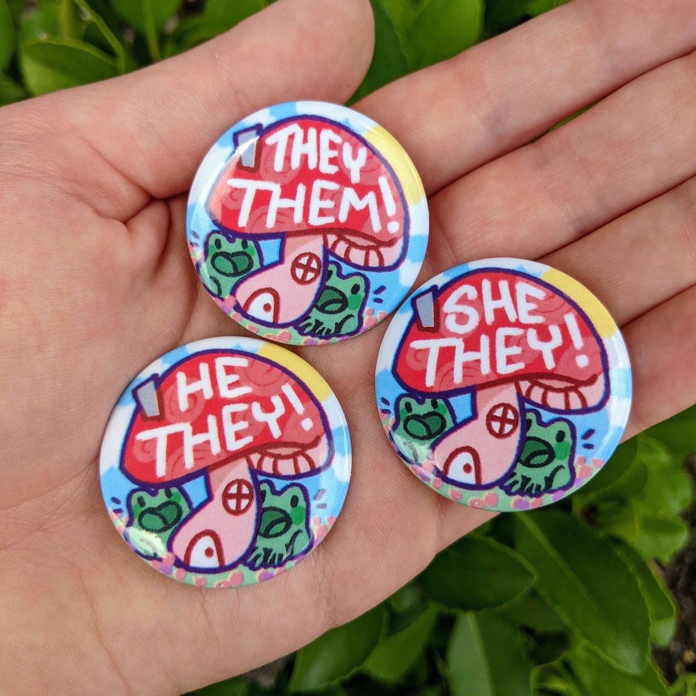 Pronoun Frog Mushroom House Buttons 1.5 inch – Milky Tomato